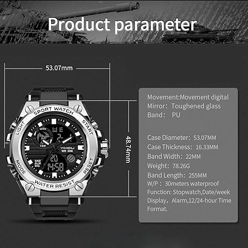 Yihou Men's Military Watch Outdoor Sports Electronic Watch Tactical Army Wristwatch LED Stopwatch Waterproof Digital Analog Watches