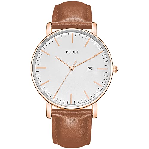 BUREI Men's Fashion Minimalist Wrist Watch Analog Date with Leather Strap (Rose Gold Brown)