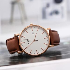 BUREI Men's Fashion Minimalist Wrist Watch Analog Date with Leather Strap (Rose Gold Brown)