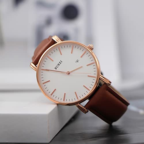 BUREI Men's Fashion Minimalist Wrist Watch Analog Date with Leather Strap (Rose Gold Brown)