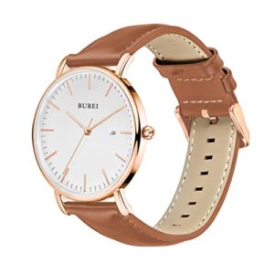 BUREI Men's Fashion Minimalist Wrist Watch Analog Date with Leather Strap (Rose Gold Brown)