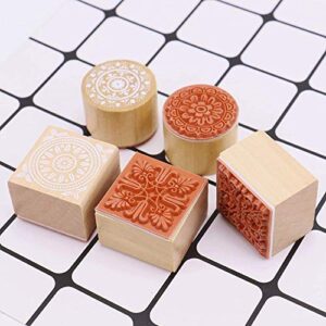 Fciqven 12Pcs Wooden Stamps Floral Pattern Rubber Stamp Round and Square Lace Wooden Rubber Stamp for Scrapbooking and DIY Craft Card