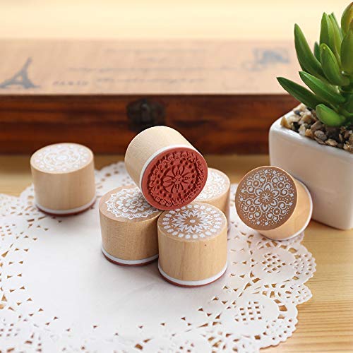 Fciqven 12Pcs Wooden Stamps Floral Pattern Rubber Stamp Round and Square Lace Wooden Rubber Stamp for Scrapbooking and DIY Craft Card