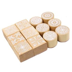 Fciqven 12Pcs Wooden Stamps Floral Pattern Rubber Stamp Round and Square Lace Wooden Rubber Stamp for Scrapbooking and DIY Craft Card