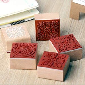 Fciqven 12Pcs Wooden Stamps Floral Pattern Rubber Stamp Round and Square Lace Wooden Rubber Stamp for Scrapbooking and DIY Craft Card