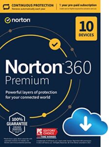 norton 360 premium 2023, antivirus software for 10 devices with auto renewal - includes vpn, pc cloud backup & dark web monitoring [download]