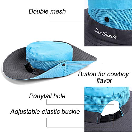 VICSPORT Women Sun Hat Wide Brim Bucket Mesh Boonie Cap Outdoor Fishing Hats UV Protection Blue