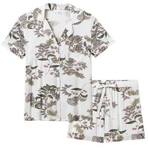 joyaria womens summer bamboo short sleeve button up pajama/pj/sleep shorts set (floral print,xxl)