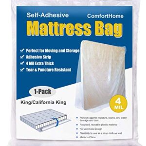 ComfortHome 4 Mil Extra Thick Sealable Mattress Bag with Adhesive Strip for Moving and Storage, Heavy Duty, Fits King and Cal King, 1-Pack