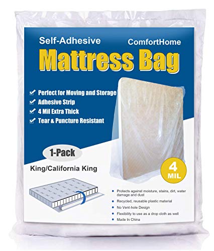 ComfortHome 4 Mil Extra Thick Sealable Mattress Bag with Adhesive Strip for Moving and Storage, Heavy Duty, Fits King and Cal King, 1-Pack