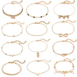 starain 12pcs women's charm anklet set gold multilayer adjustable ankle bracelets boho beach foot anklet for women girls