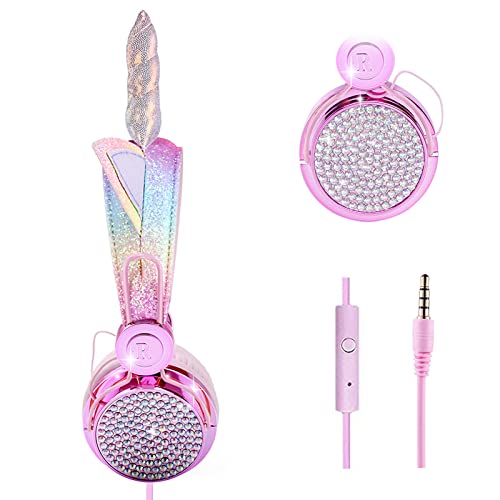 KORABA Unicorn Kids Headphones with Microphone,Wired Over Ear Cute Girl Headsets for Children/Christmas/Parties/Birthday Gifts (Rainbow Unicorn)