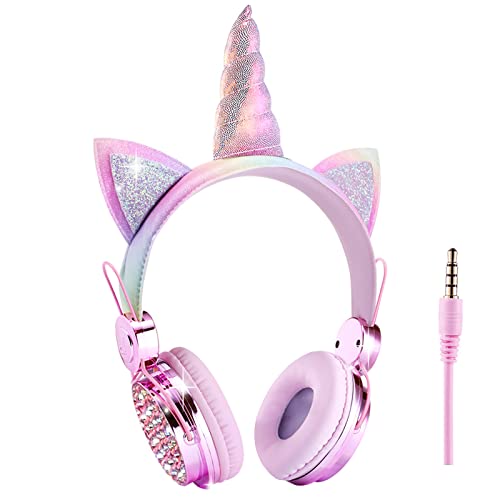 KORABA Unicorn Kids Headphones with Microphone,Wired Over Ear Cute Girl Headsets for Children/Christmas/Parties/Birthday Gifts (Rainbow Unicorn)