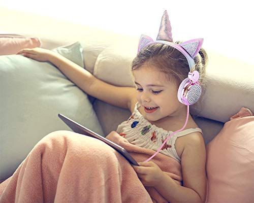 KORABA Unicorn Kids Headphones with Microphone,Wired Over Ear Cute Girl Headsets for Children/Christmas/Parties/Birthday Gifts (Rainbow Unicorn)