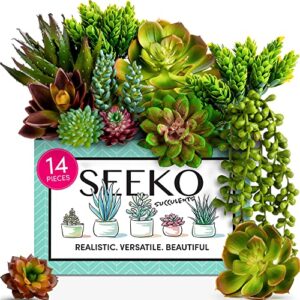 seeko artificial succulents (14 pack) - premium succulent plants artificial - realistic unpotted textured fake succulents decor for diy - fake plants