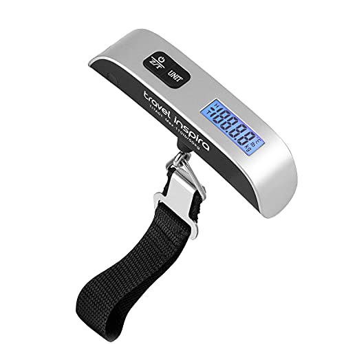 travel inspira Luggage Scale, Portable Digital Hanging Baggage Scale for Travel, Suitcase Weight Scale with Rubber Paint, 110 Pounds, Battery Included - Silver