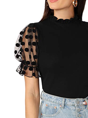 Romwe Women's Summer Short Sleeve Mock Neck Casual Blouse Tops Mesh Black Small