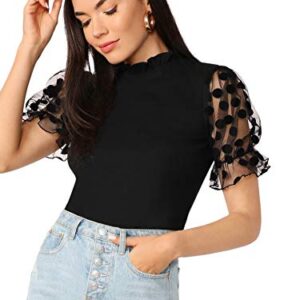 Romwe Women's Summer Short Sleeve Mock Neck Casual Blouse Tops Mesh Black Small