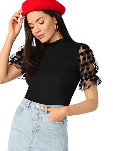 Romwe Women's Summer Short Sleeve Mock Neck Casual Blouse Tops Mesh Black Small