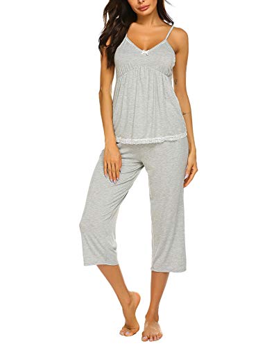 Ekouaer Women's Sleepwear Tank Pj Set Lightweight Sleeveless Top and Capri Pajama Set Grey XL