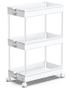 spacekeeper storage rolling cart, 3 tier laundry room organization utility cart bathroom organizer mobile shelving unit shelves multi-functional trolley, white