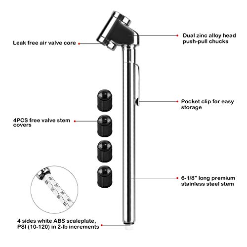 CZC AUTO Pencil Tire Pressure Gauge, Dual Head Trucks Air Gage, Accurate Mechanical Dually Chuck Wheel Service Checker, Stainless Steel Stem for Car RV ATV Motorcycle Bike, 10-120PSI (Silver, 1 Pack)