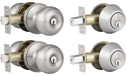 2 Pack Entry Door Knob and Single Cylinder Deadbolt Combo Pack in Satin Nickel, Keyed Alike Exterior Door Lock Set with Deadbolt, Door Knobs with Deadbolt for Entrance and Front Door