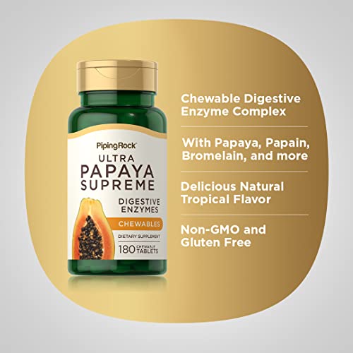 Piping Rock Papaya Enzymes Chewable | 180 Tablets | Vegetarian Digestion Formula | Non-GMO, Gluten Free Supplement | Tropical Flavored