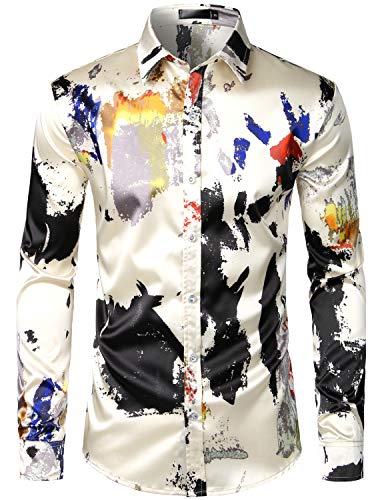 ZEROYAA Men's Hipster Splash Ink Design Silk Like Satin Button Down Dress Shirt for Party Prom ZLCL12-Beige Small