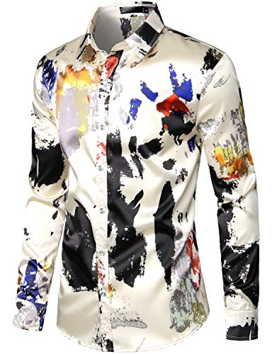 ZEROYAA Men's Hipster Splash Ink Design Silk Like Satin Button Down Dress Shirt for Party Prom ZLCL12-Beige Small