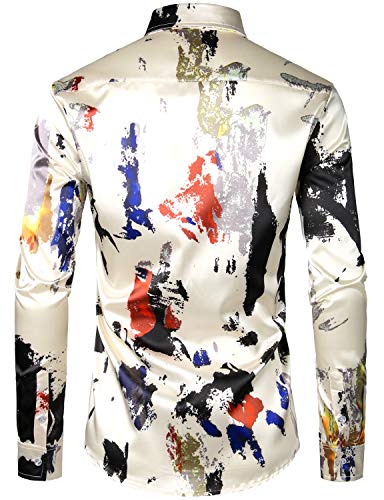 ZEROYAA Men's Hipster Splash Ink Design Silk Like Satin Button Down Dress Shirt for Party Prom ZLCL12-Beige Small