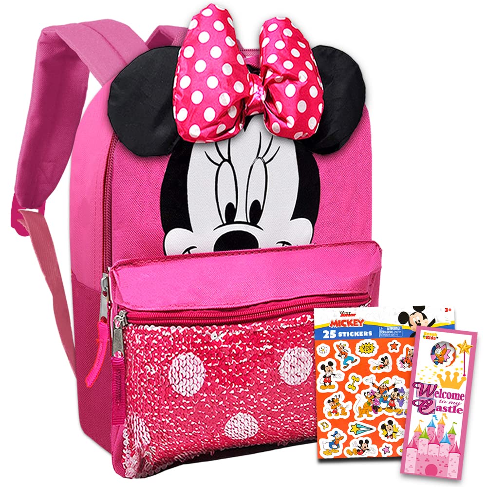 Disney Minnie Mouse Backpack for Girls Toddlers Kids ~ Bundle Includes 12" Minnie Preschool Toddler Backpack with Ears, Bow and Magic Reversible Sequins and Stickers (Minnie Mouse School Supplies)