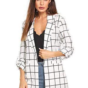 Milumia Women's Open Front Blazer Casual Lightweight Plaid Roll Up Sleeve Jacket White Large