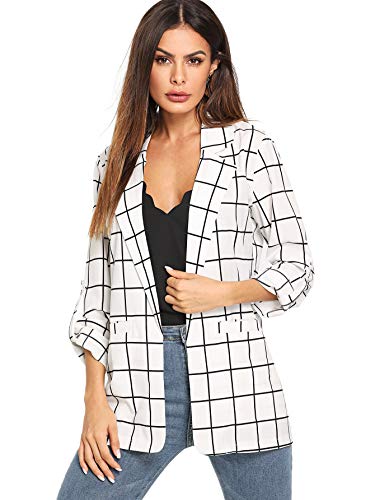 Milumia Women's Open Front Blazer Casual Lightweight Plaid Roll Up Sleeve Jacket White Large