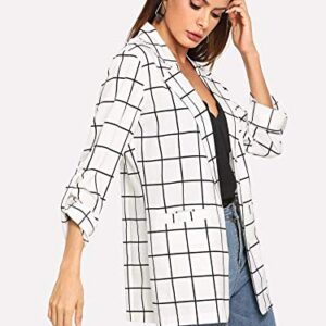 Milumia Women's Open Front Blazer Casual Lightweight Plaid Roll Up Sleeve Jacket White Large