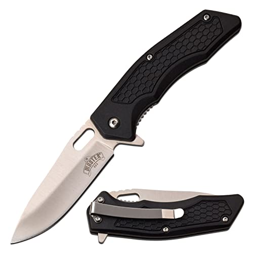 MASTER USA – Spring Assisted Open Folding Knife – Satin Finish Stainless Steel Blade, Black Injection Molded ABS Handle with Pocket Clip, Tactical, EDC, Self Defense- MU-A094S,Silver