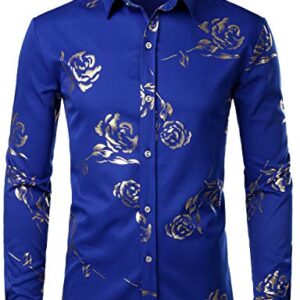 ZEROYAA Mens Hipster Gold Rose Printed Slim Fit Long Sleeve Dress Shirts/Prom Performing Shirts Z56 Blue XX-Large