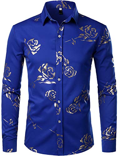 ZEROYAA Mens Hipster Gold Rose Printed Slim Fit Long Sleeve Dress Shirts/Prom Performing Shirts Z56 Blue XX-Large