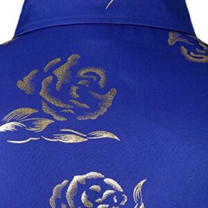 ZEROYAA Mens Hipster Gold Rose Printed Slim Fit Long Sleeve Dress Shirts/Prom Performing Shirts Z56 Blue XX-Large