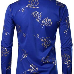 ZEROYAA Mens Hipster Gold Rose Printed Slim Fit Long Sleeve Dress Shirts/Prom Performing Shirts Z56 Blue XX-Large