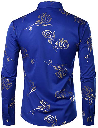 ZEROYAA Mens Hipster Gold Rose Printed Slim Fit Long Sleeve Dress Shirts/Prom Performing Shirts Z56 Blue XX-Large