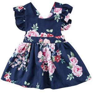 lysmuch toddler kids baby girls summer floral dress party backless ruffle sundress beachwear overall skirt clothes outfits (navy blue, 12-18 months)