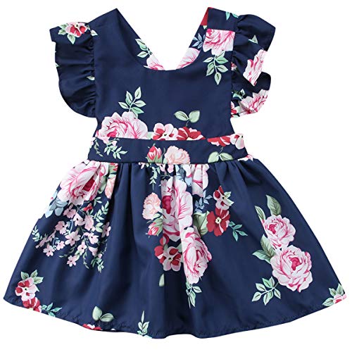 LYSMuch Toddler Kids Baby Girls Summer Floral Dress Party Backless Ruffle Sundress Beachwear Overall Skirt Clothes Outfits (Navy Blue, 12-18 Months)