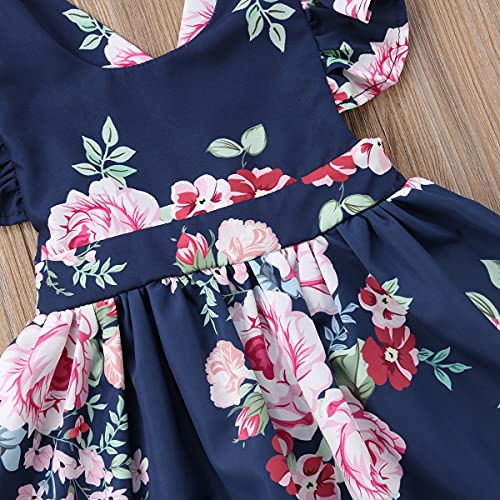 LYSMuch Toddler Kids Baby Girls Summer Floral Dress Party Backless Ruffle Sundress Beachwear Overall Skirt Clothes Outfits (Navy Blue, 12-18 Months)