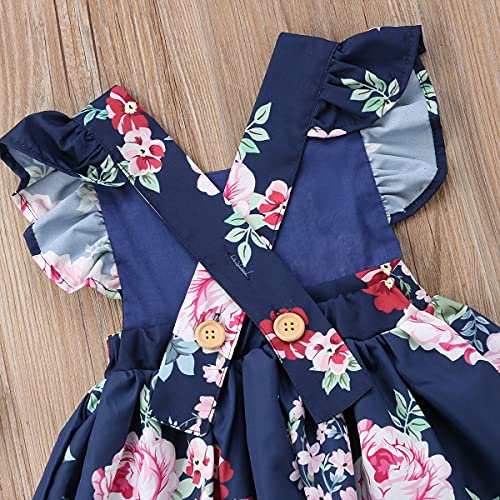 LYSMuch Toddler Kids Baby Girls Summer Floral Dress Party Backless Ruffle Sundress Beachwear Overall Skirt Clothes Outfits (Navy Blue, 12-18 Months)