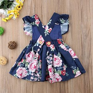 LYSMuch Toddler Kids Baby Girls Summer Floral Dress Party Backless Ruffle Sundress Beachwear Overall Skirt Clothes Outfits (Navy Blue, 12-18 Months)