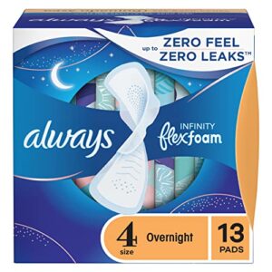 always infinity flexfoam pads for women, size 4, overnight absorbency, unscented, 13 count