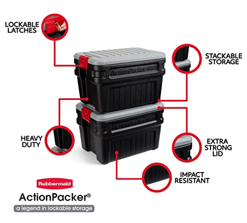 Rubbermaid ActionPacker️ 24 Gal Lockable Storage Bins Pack of 2, Industrial, Rugged Storage Containers with Lids