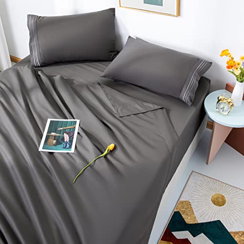 LBRO2M Bed Sheet Set Queen Size 16 Inches Deep Pocket 1800 Thread Count 100% Microfiber Sheet,Bedding Super Soft Comfortable, Cool Warm,4 Piece（Dark Grey）