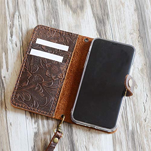 Leather iPhone XR wallet Case Handmade Wristlet iPhone XR Cover Tooled Flower Brown - 408H-6